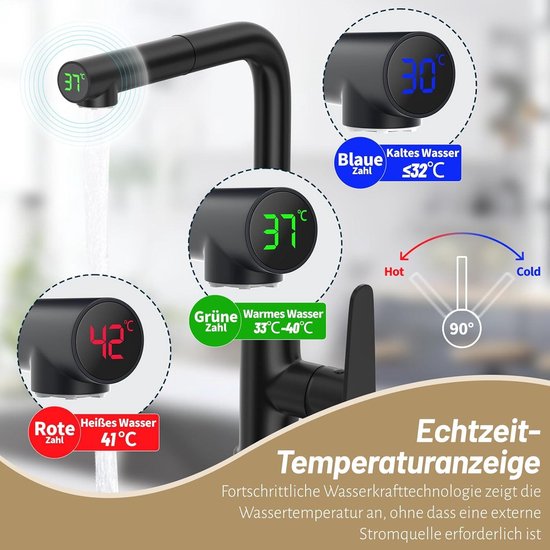 Inovra Plus - Keukenkraan Zwart met Temperatuurmeter en 360° draaibare ...