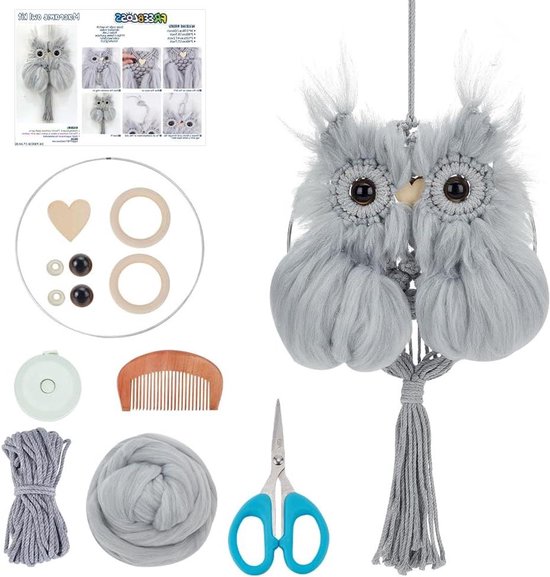Grijze Uil Macramé Kit - Muurdecoratie Macramé Kit voor Beginners met ...