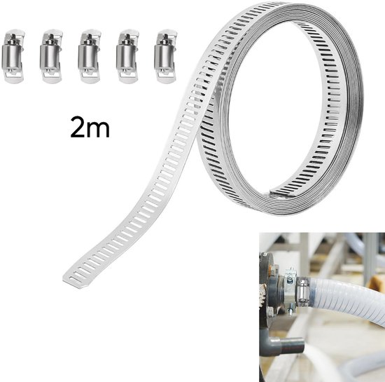 2m RVS slangklem - Verstelbare metalen slangklem - DIY slangklemset met ...