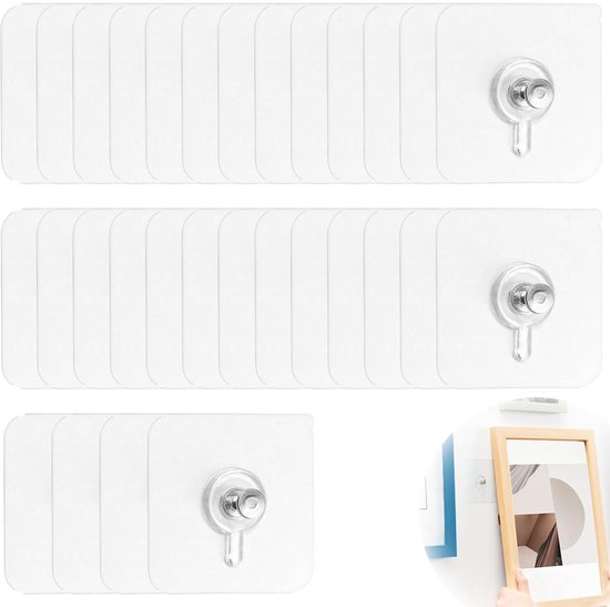 30 stuks Zelfklevende schilderijhaken, transparante klevende haken voor ...