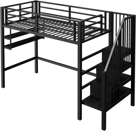 Hoogslaper, 90x200cm,kinderbed planken, opbergladder, ruimte onder het ...