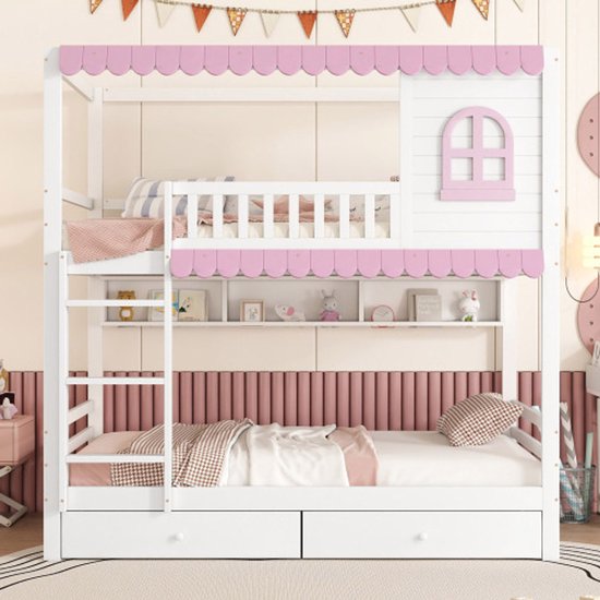 Learnlogic etagebed, kinderbed met ramen, valbeschermingshek, open rek ...