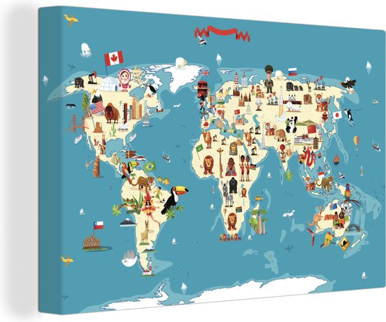 Canvas Schilderij Een cartoonillustratie van een kaart van de wereld ...