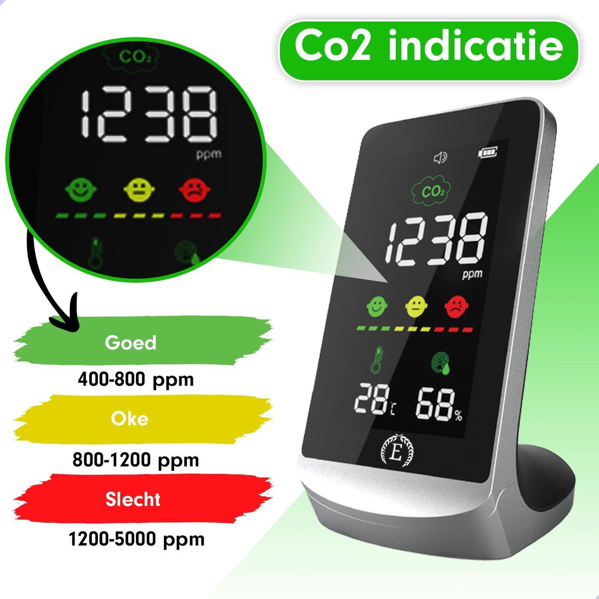 Elianzo® DM72H Co2 meter - Luchtkwaliteitsmeter - CO2 Meter Binnen ...