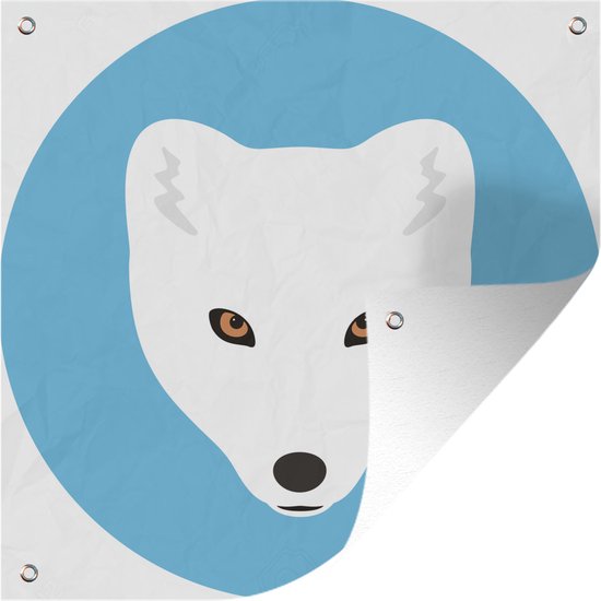 Tuindoek tekening van de kop van een poolvos in een blauwe cirkel ...