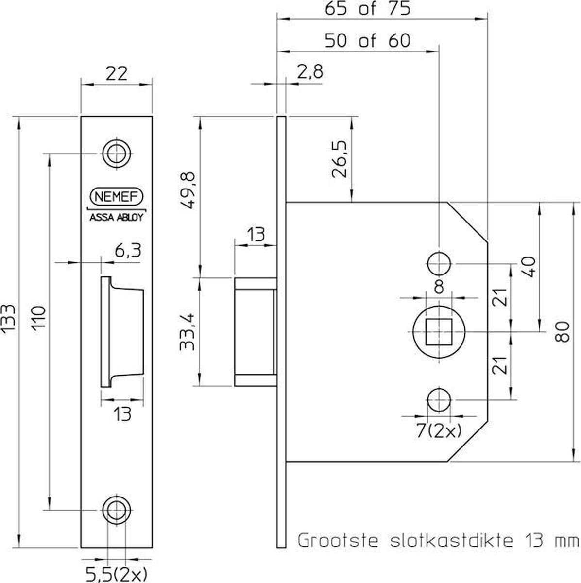Nemef 55-50 - Loopslot - Voor binnendeuren - Doornmaat 50mm - Met ...