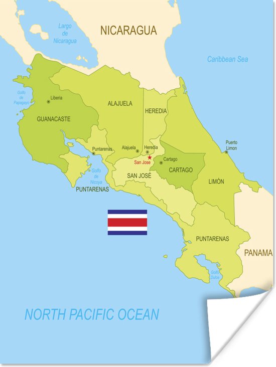 Poster tekening van de kaart van Costa Rica en de vlag - 30x40 cm | bol.com