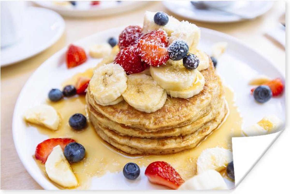Close-up van heerlijke pannenkoeken met vers fruit Poster 180x120 cm ...