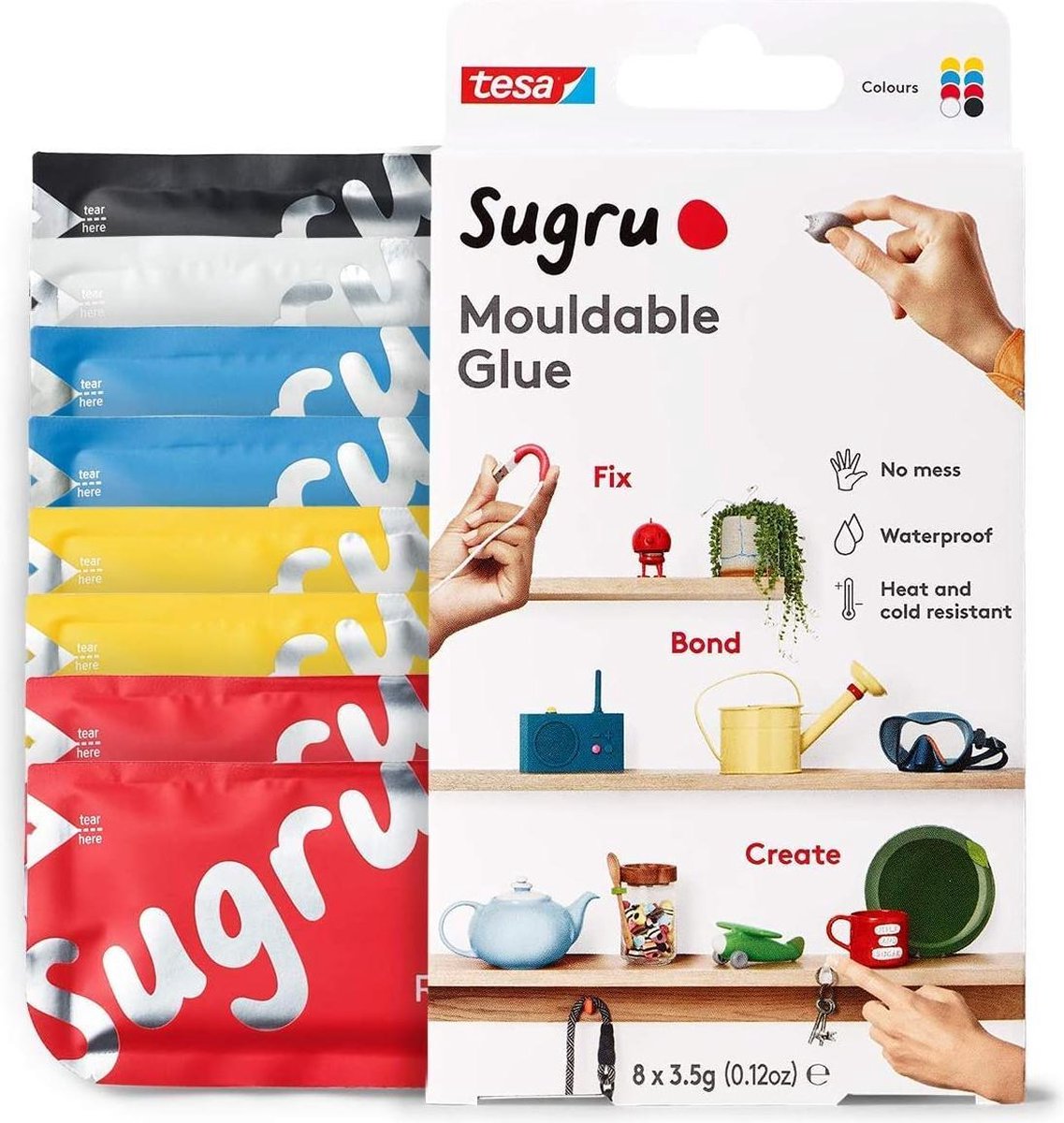 Sugru kneedbare lijm - kit van Tesa, 8-pack (8 x 3,5 g) in de kleuren 1 ...