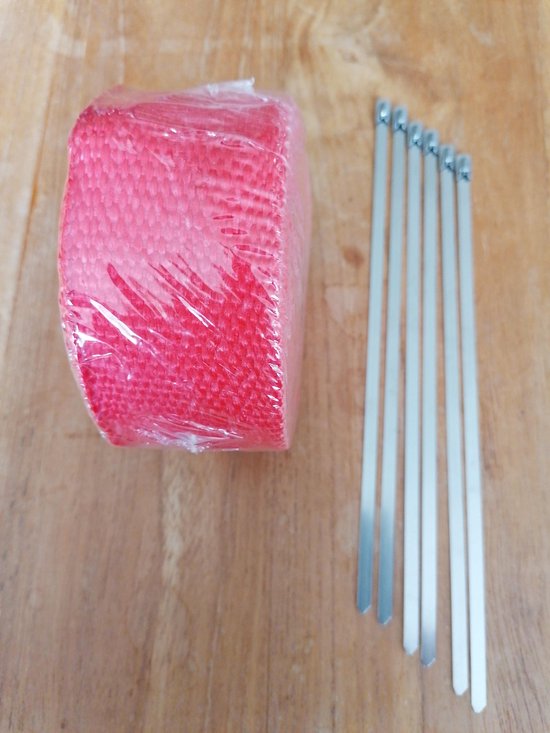 Uitlaat wrap hittebestendig 5 meter x 50 mm kleur Rood, met RVS Tyraps ...