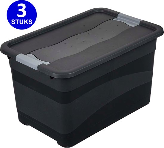 Opbergbox 52L - 3 stuks - 59x39x34cm - Zwart - Opslagbak voor o.a ...