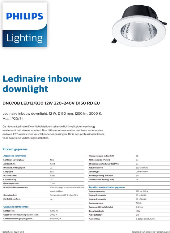 Philips LED Downlight Ledinaire DN070B 12W 1200lm 60D - 830 Warm Wit ...