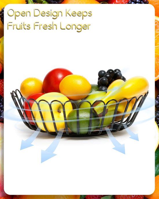 Groot Fruitmand, 30x9cm Zwart Fruitschaal met Houten Voet, Metaal ...