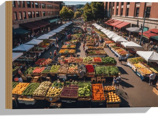 Hout - Markt - Eten - Groente - Fruit - Mensen- Kraampjes - 40x30 cm ...