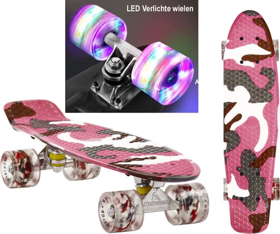 Sajan - Skateboard - LED - Penny board - Camouflage Roze - 22.5 inch ...