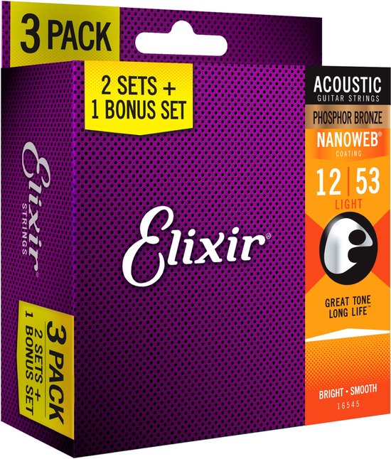 Elixir 16545 Phosphor Bronze Nanoweb Acoustic Strings 12-53 (3-Pack) | bol
