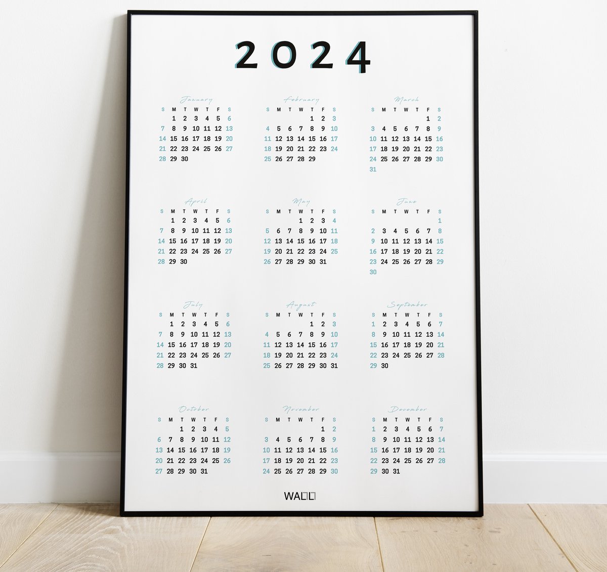 Poster Jaarkalender blauw 2024 - Kalender poster - 30x40 cm - Exclusief ...