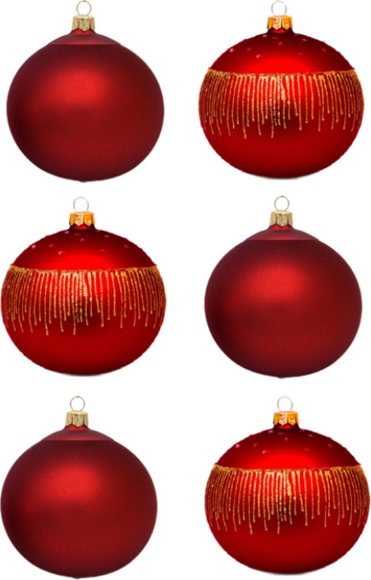 Rode Kerstballen met gouden glitter lijntjes en effen mat rood - Doosje ...