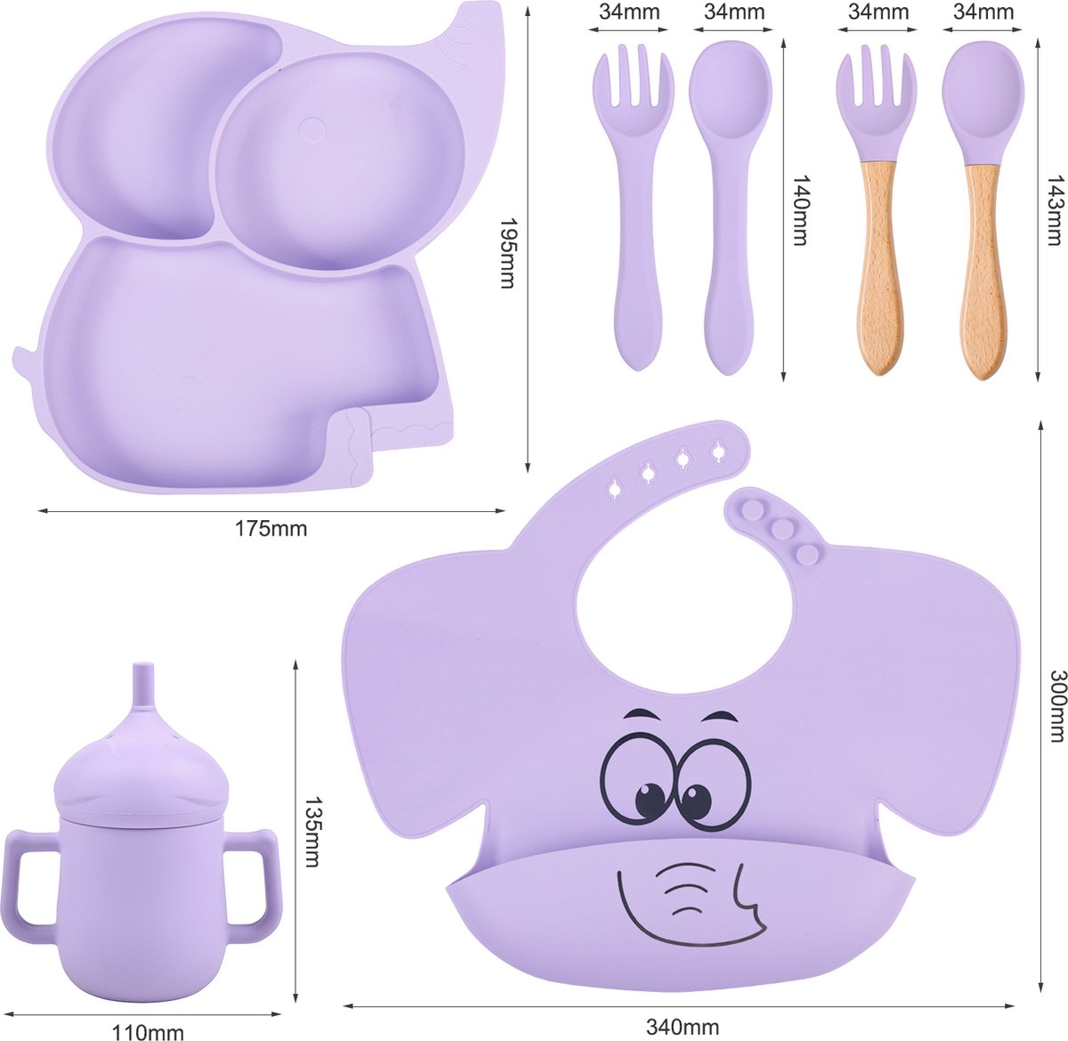 Lucellia siliconen babyservies set – 9 Delig Olifant Paars ...