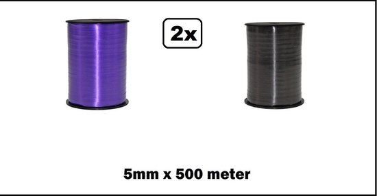 2x Krullint paars en zwart 5mm x 500meter - krul lint kerst thema feest ...