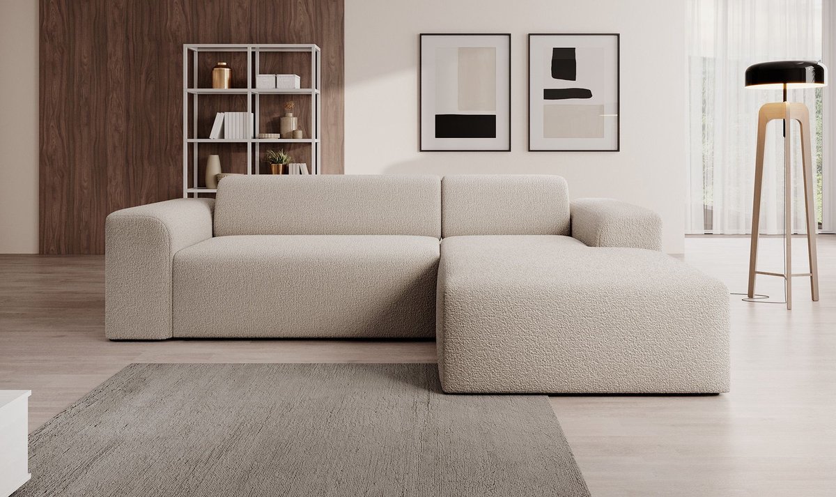Meubella - Hoekbank Zamzi - Beige - Teddy boucle stof - Rechts | bol