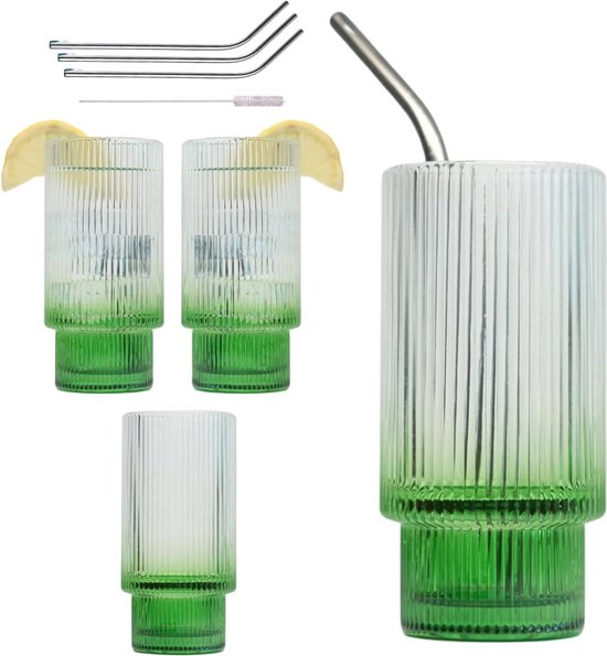 4 Piece Tall Collins Vintage Glasses Drinking Style 11 oz Ribbed Water ...