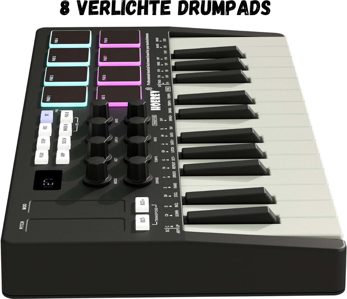 MIDI Toetsenbord Controller met 8 Backlit Drum Pads - Draadloze Semi ...