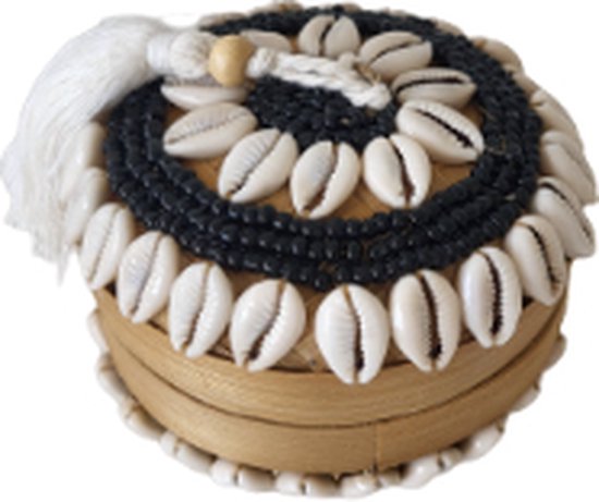Bamboedoosje kauri schelpen zwarte kraaltjes - decoratief opbergdoosje ...
