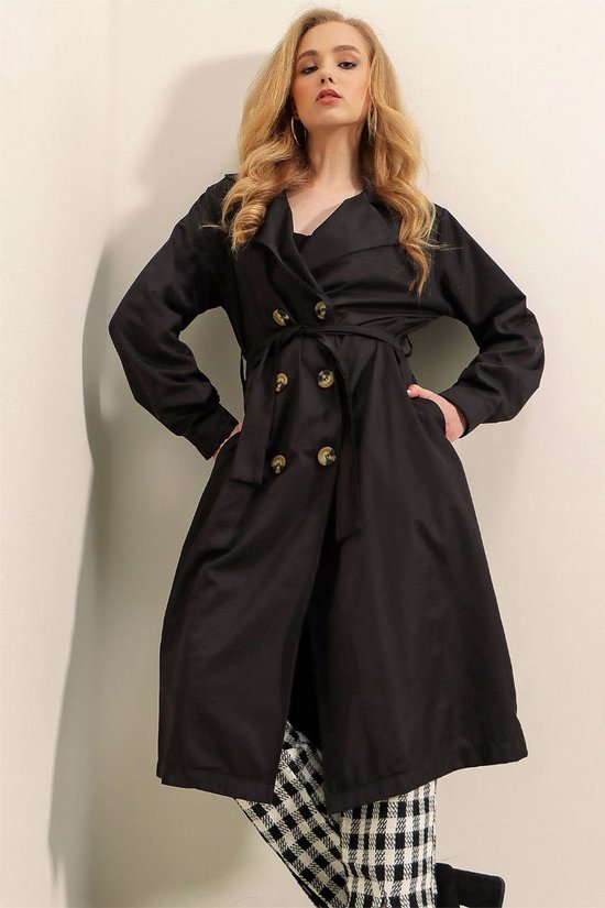 Dames Trenchcoat zwart lang met knopen en touwriem | Zwart | bol