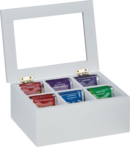 theedoos 6 vaks - bamboe - 9x21,5x16 cm - met deksel - wit | bol