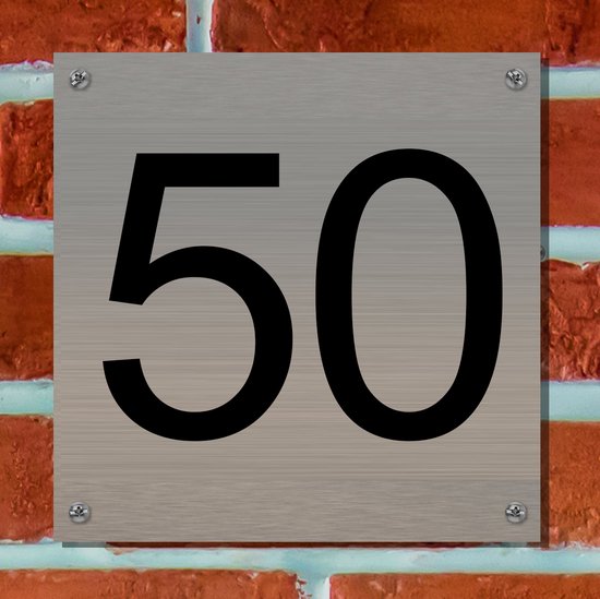 Huisnummerbord RVS Deluxe - Nummer 50 - 12 x 12 cm - incl. set voor ...