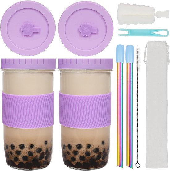 Set of 2 Bubble Tea Cups, 730ml Drinking Glasses with Lid and Straw ...
