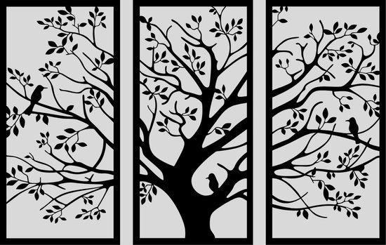 Wandstaal XXL "Drie Panelen Boom" 2000x1270 Zwart Wandpaneel, Wanddecoratie, Staal, Metaal | bol