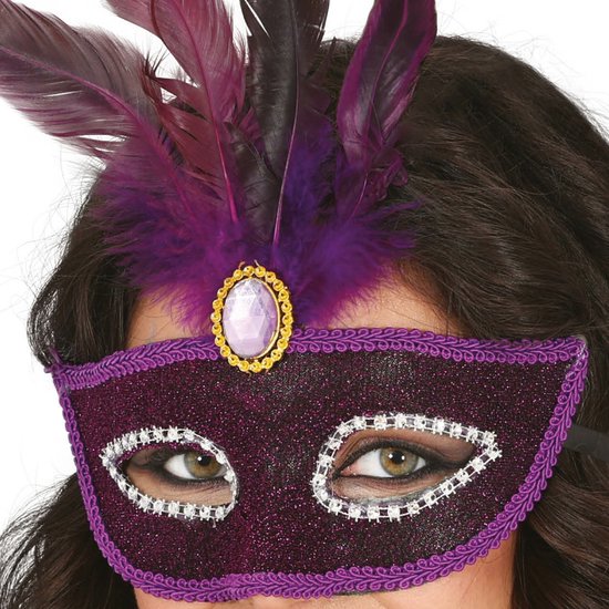 Fiestas Guirca Verkleed oogmasker Venitiaans - paars met veren ...