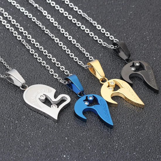 Hartjes Ketting Set voor Hem en Haar - I Love You - Zilver / Zwart ...