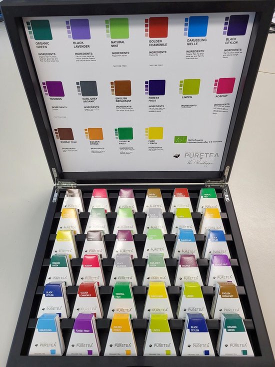 Pure Tea Houten Theekist Zwart 36 vaks | gevulde theedoos | bol