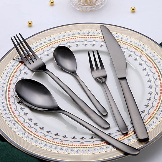 Bestekset, zwart, 30-delig, stabiele roestvrijstalen bestekset, zwart ...