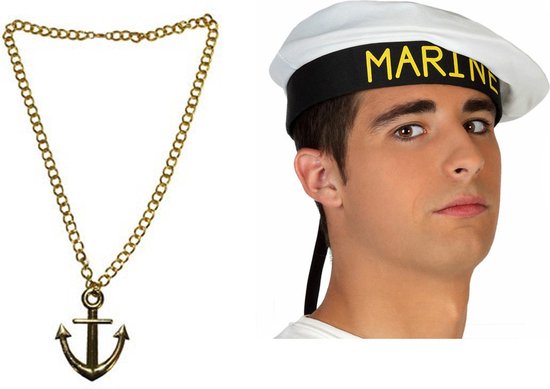 Carnaval verkleed Matrozen hoedje - wit - met gouden anker ketting ...
