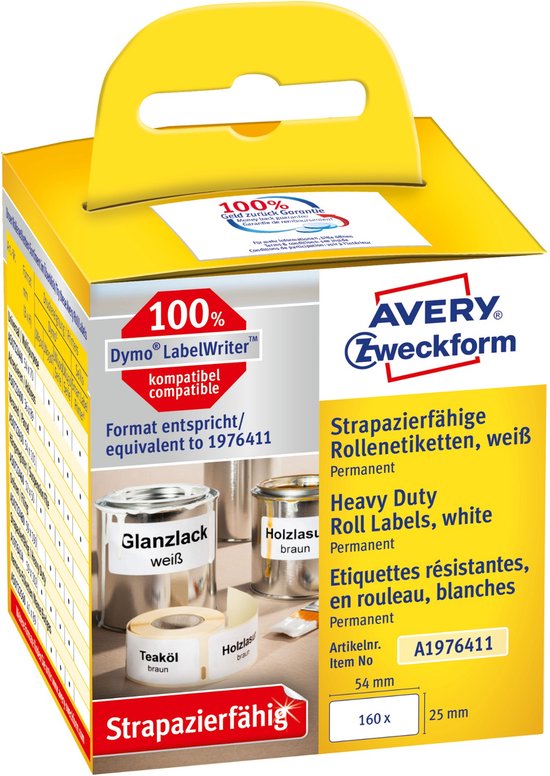 Avery-Zweckform Rol met etiketten 25 x 54 mm Folie Wit 160 stuk(s) Permanent A1976411... | bol