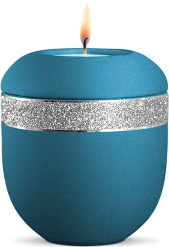 Mini urn met herdenkingslicht blauw met zilver glinsterend decoratie ...