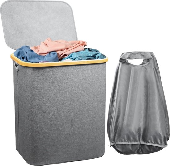 Wasmand met deksel, 80 L wasmand, smal met waszak, grote opvouwbare was ...