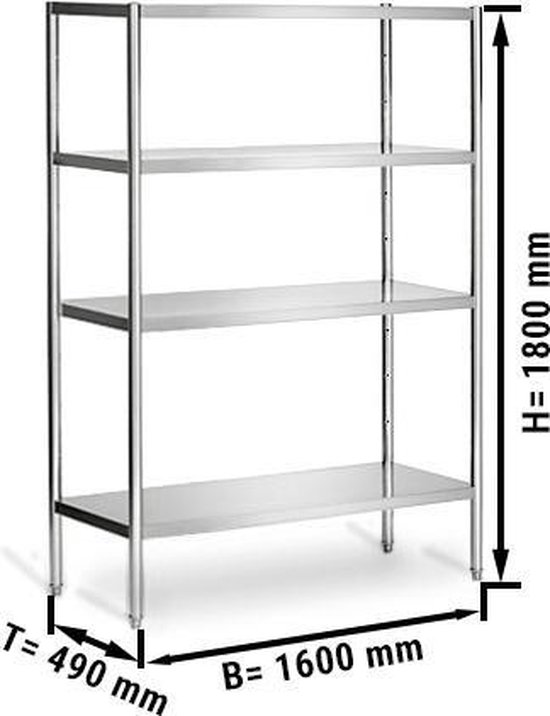 Roestvrijstalen rek PREMIUM 1,6 x 0,5 m - met 4 schappen (VERSTELBAAR ...