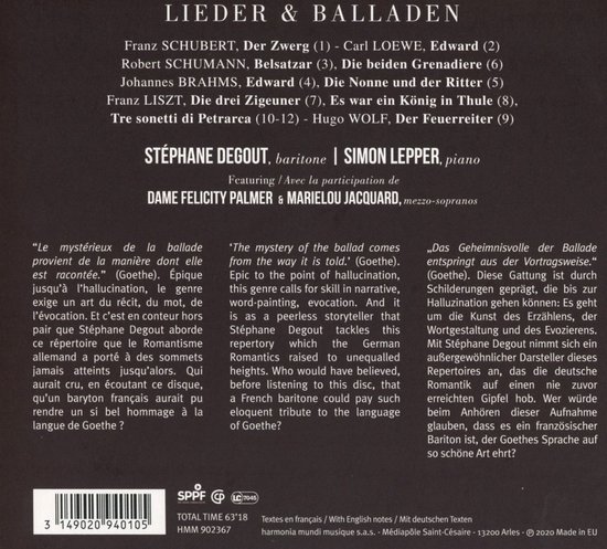 Stéphane Degout & Simon Lepper - Lieder & Balladen (CD), Stéphane ...