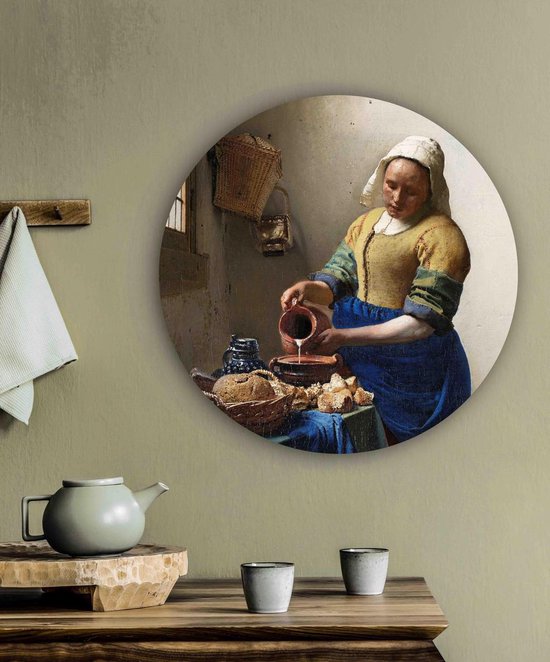 Ronde muursticker Het Melkmeisje | Johannes Vermeer | 120 cm behangsticker wandcirkel | bol