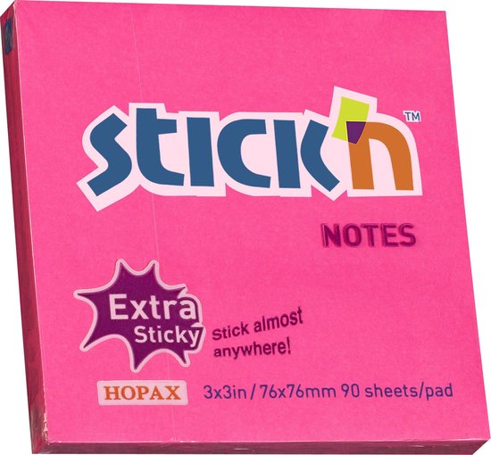 Stick'n sticky notes - 76x76mm, extra sticky, magenta, 90 memobaadjes | bol