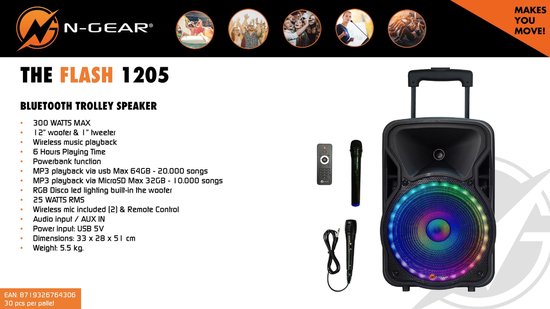 N-GEAR The Flash 1205 - Bluetooth Speaker - Karaoke Set - Party Box met 2 Microfoons -... | bol
