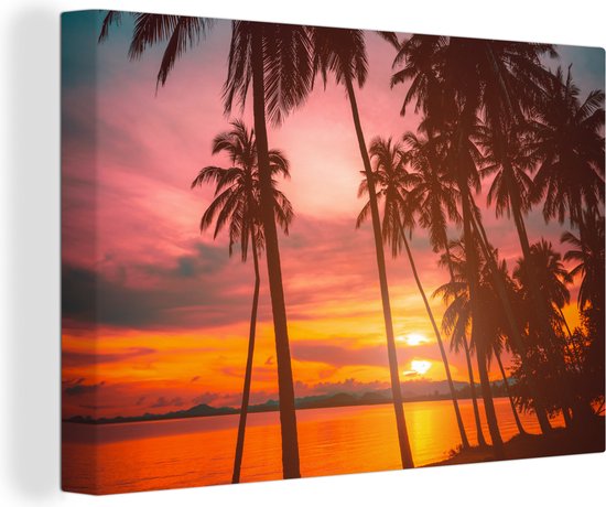 Canvas - Palmboom - Strand - Zee - Zon - Muurdecoratie - 140x90 cm - Canvas doek -... | bol.com