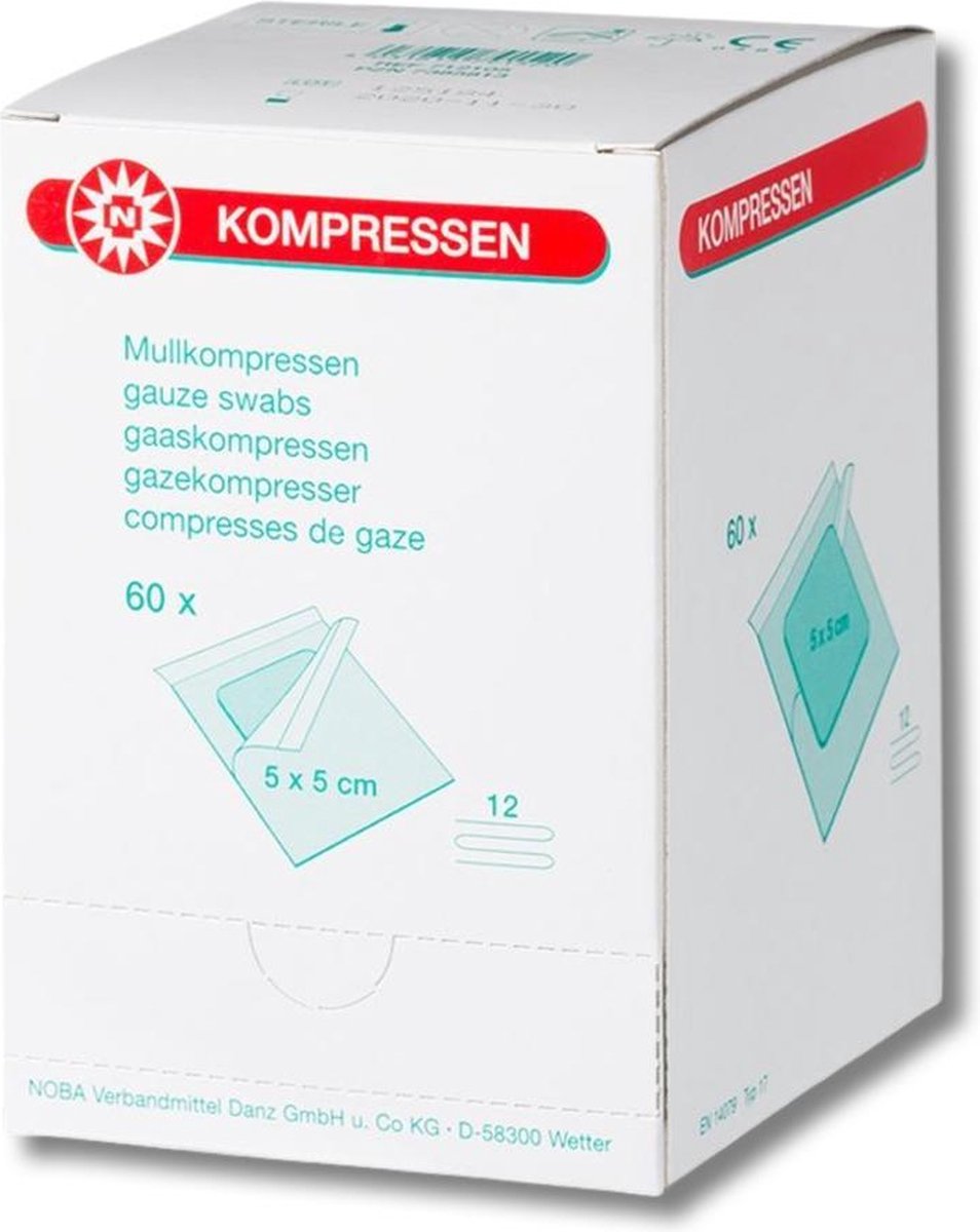 Noba - Kompressen - Gaaskompressen - Steriele Gaasjes - 12 Laags - 5x5 cm - 60 Stuks | bol