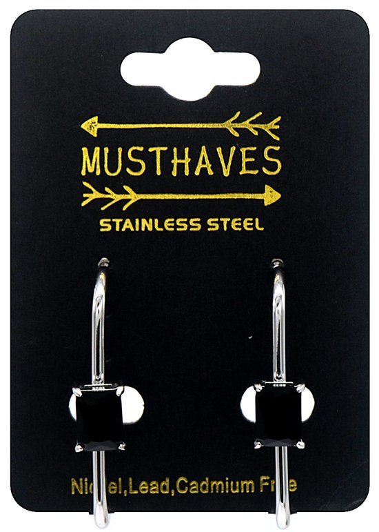 Oorbellen met Zirkonia - Oorhangers - RVS - 4 cm - Zilverkleurig en Zwart | bol