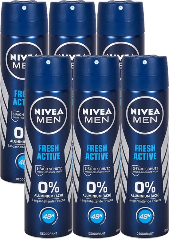 Nivea Men Deodorant Fresh Active 0% aluminium 48H 6 x 150ml - Voordeelverpakking | bol